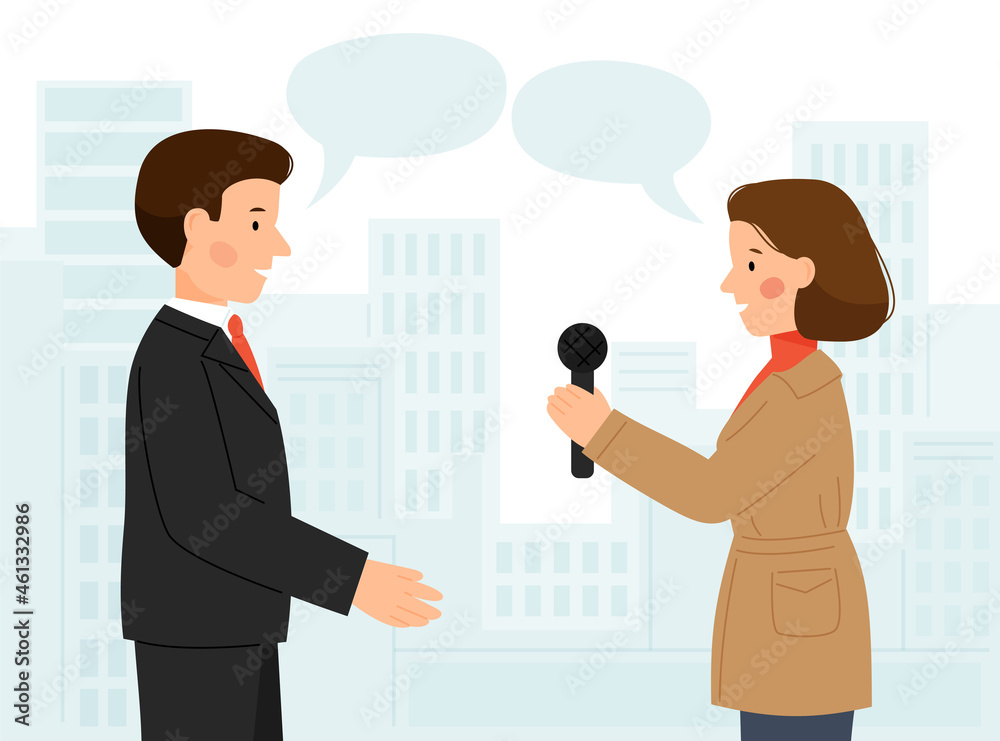 Vector scene of man and woman interview. A guy and a girl talking. Man ...