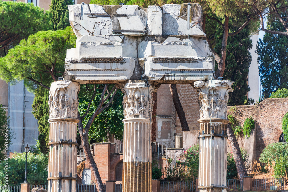 Details and engravings of ancient Corinthian column ruins in front of ...