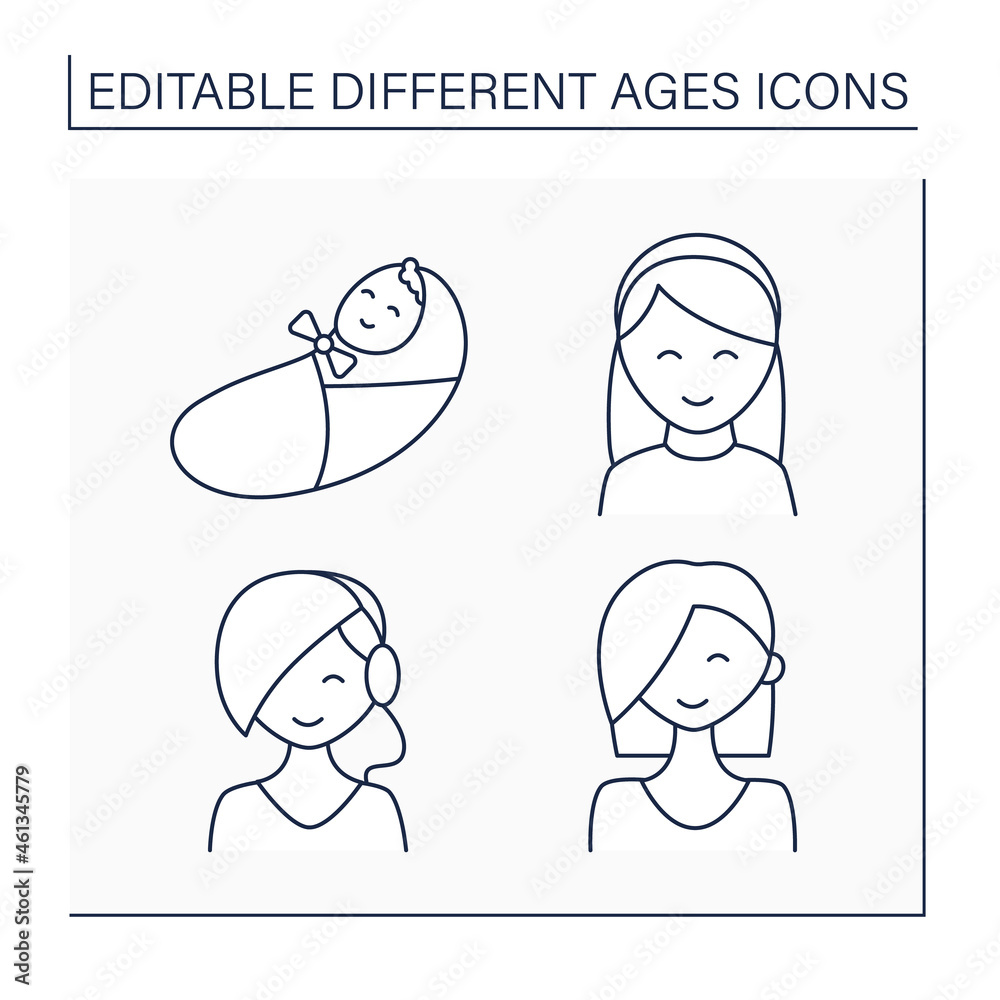 Different ages line icons set. Generations. Newborn, teenager ...