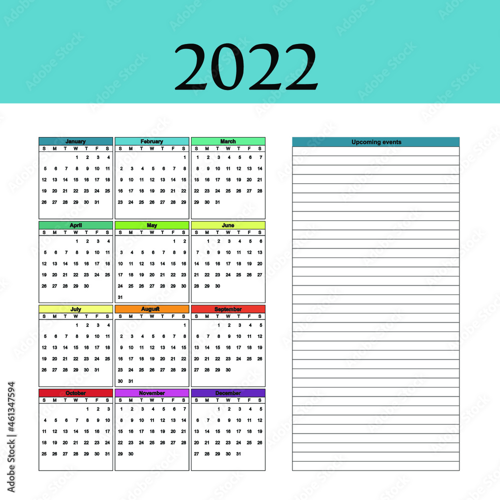 2022 table wall calendar. Week starts on Sunday. Place for notes. Stock ...