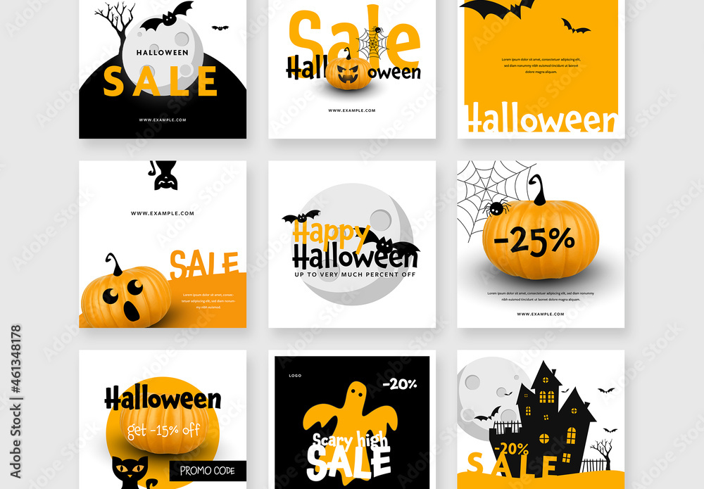 Set of Halloween Social Media Posts with Vector Illustrations Stock ...