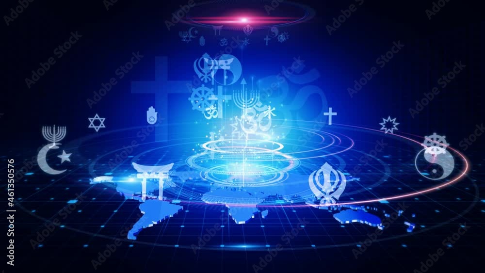 World religion concept 3d animated word map with rotating icons of ...