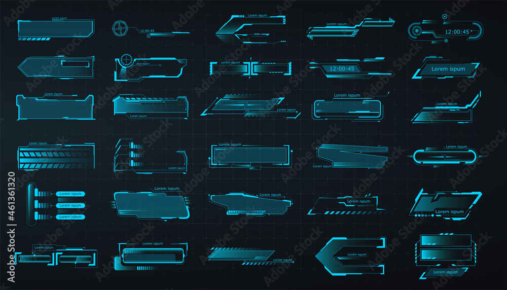 Interface elements UI, GUI. HUD callout titles, information call box bars and digital info boxes ...