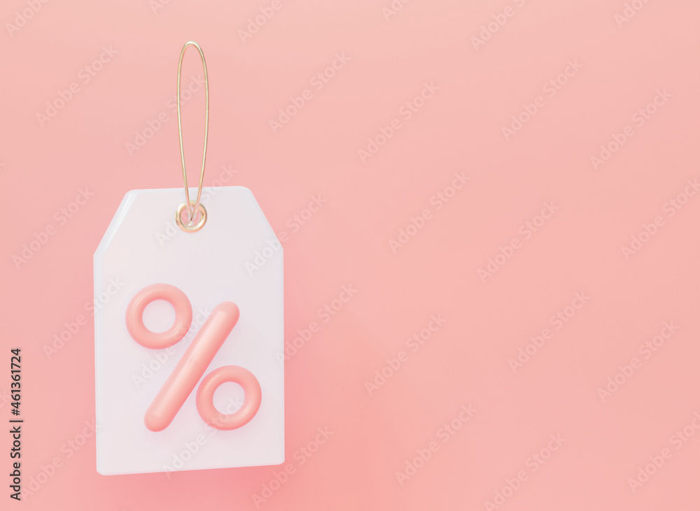 White price tag label with percentage. On pastel pink background. 3d ...
