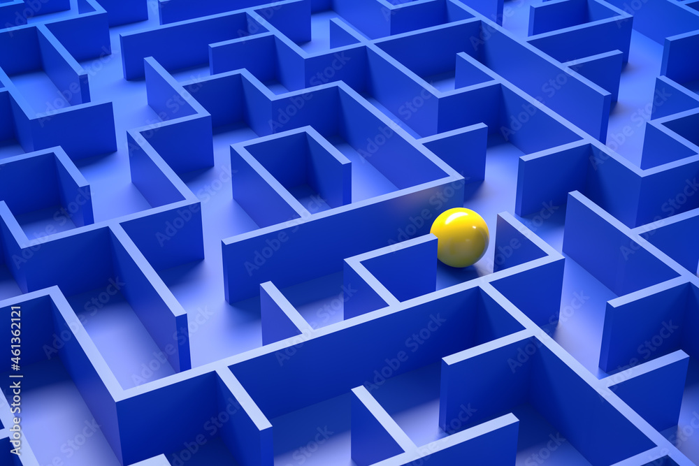Concept - solving a complex problem. Blue maze and floor with yellow ...