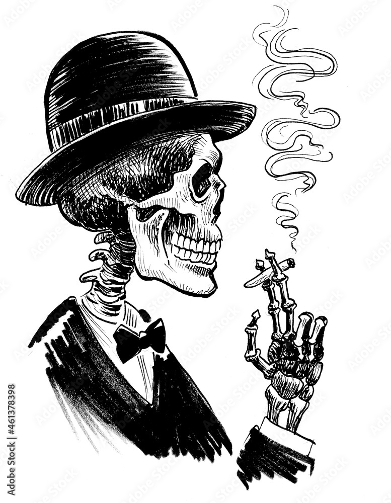 Ink black and white drawing of a human skeleton in suit and hat smoking ...