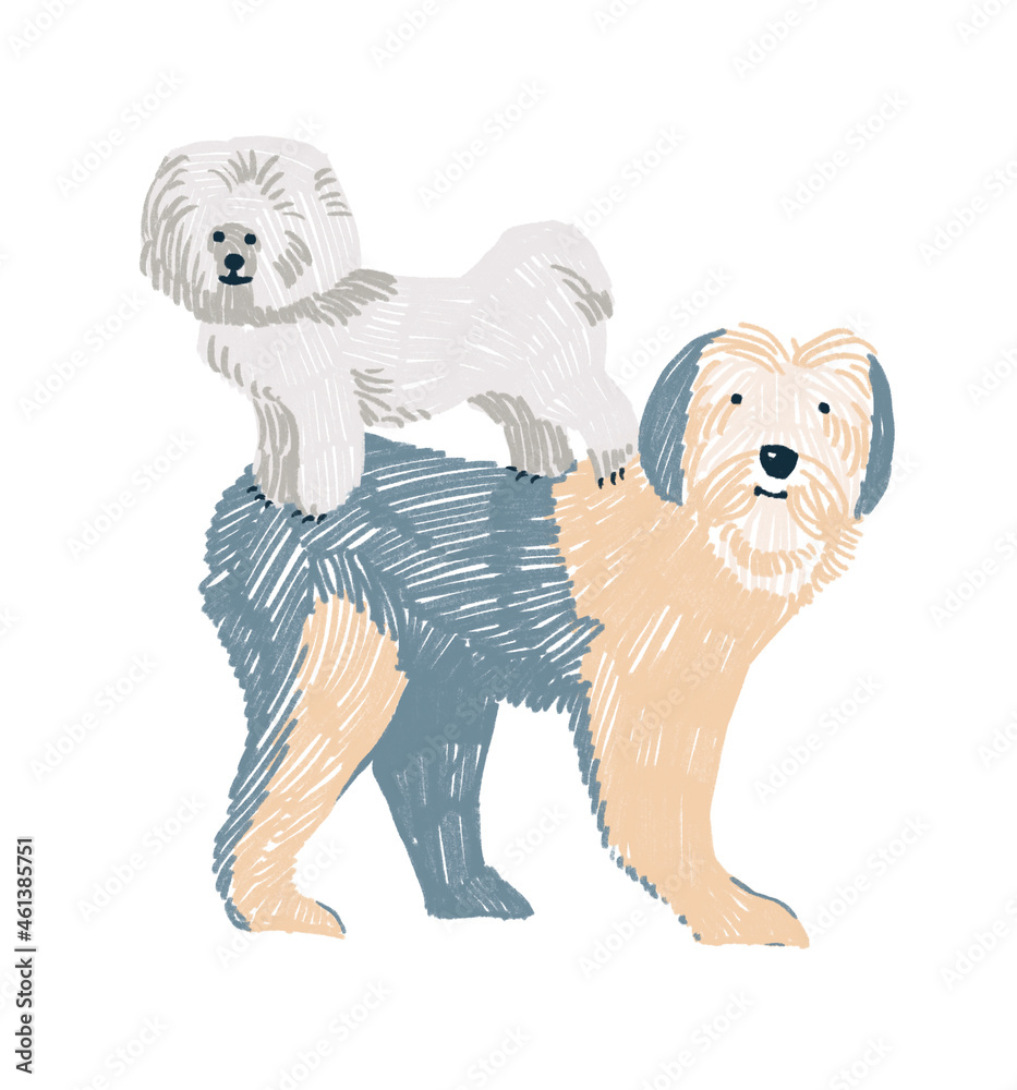 ภาพประกอบสต็อก Hand-drawn childish illustration with two dogs standing ...
