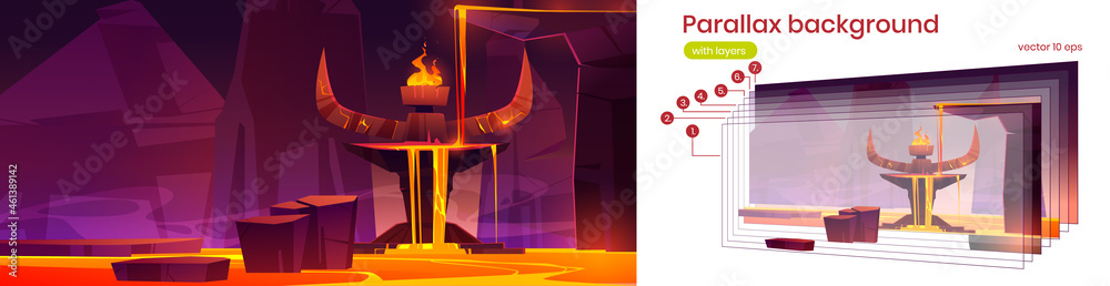 Fantasy landscape with ancient stone altar with devil horns and liquid ...