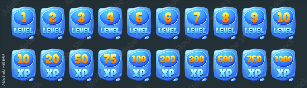 Set of water game level ui icons, blue banners with xp rate and liquid ...