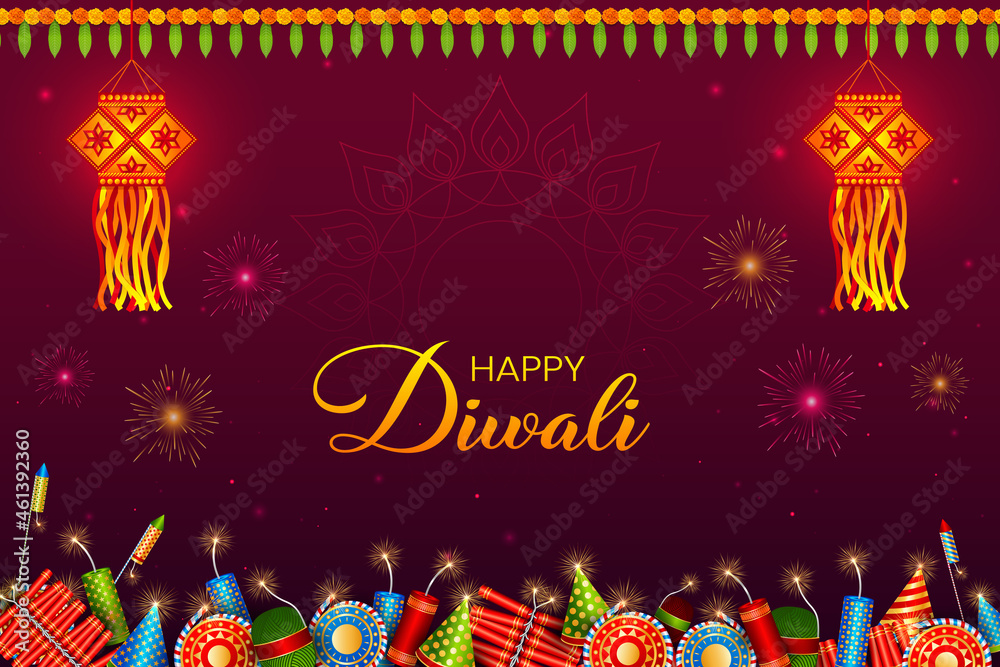 Happy Diwali Greeting with Fire Crackers and diya Stock Vector | Adobe ...