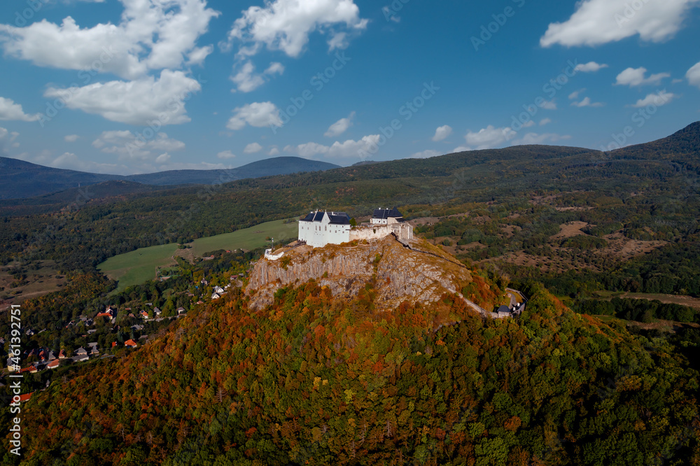 Füzér, Hungary - Aerial view of the famous castle of Fuzer built on a ...