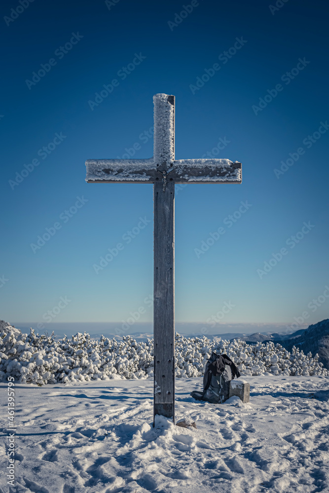 Mountain cross for hikers, Western Tatras, Poland. Tall wooden ...