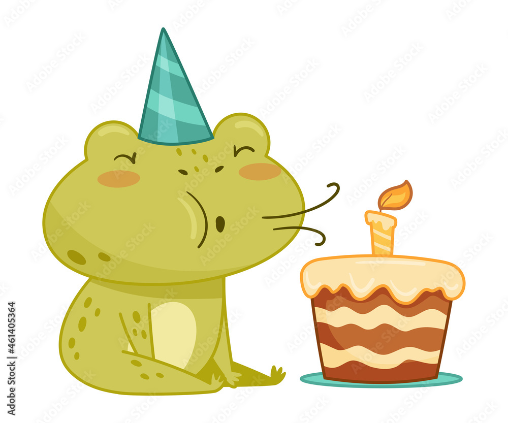 Cute frog in party hat blowing candle on birthday cake. Green funny ...