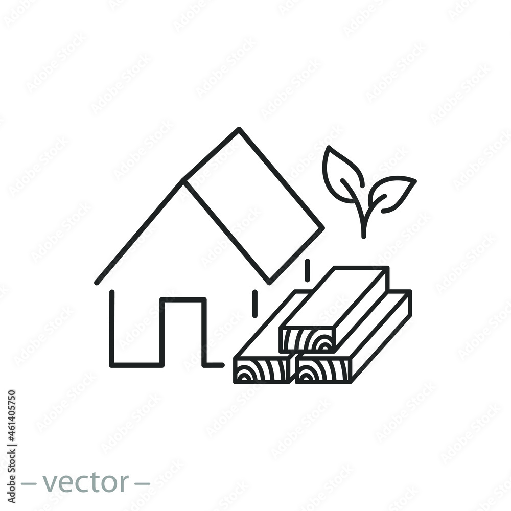 eco clean home icon, wood house with log lumber, timber stack, wooden ...