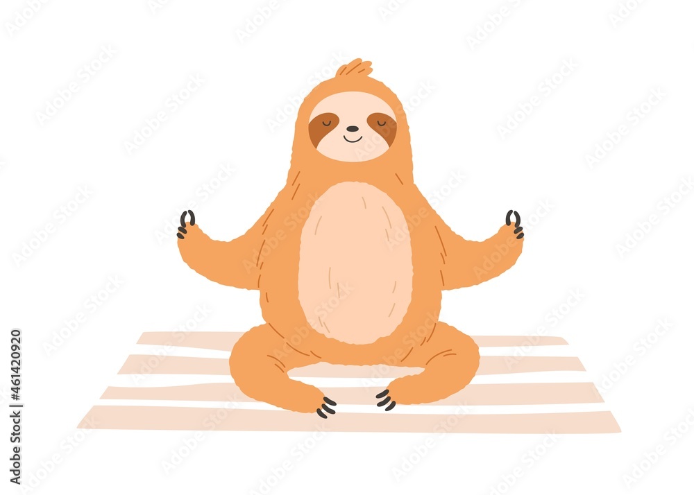 Cute sloth meditate, sitting in yoga posture. Funny animal relaxing ...