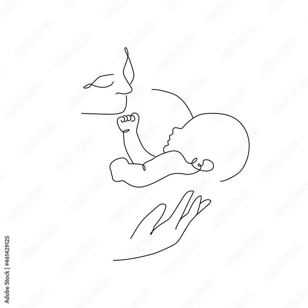 Vector one line art illustration of family portret. Lineart mother ...