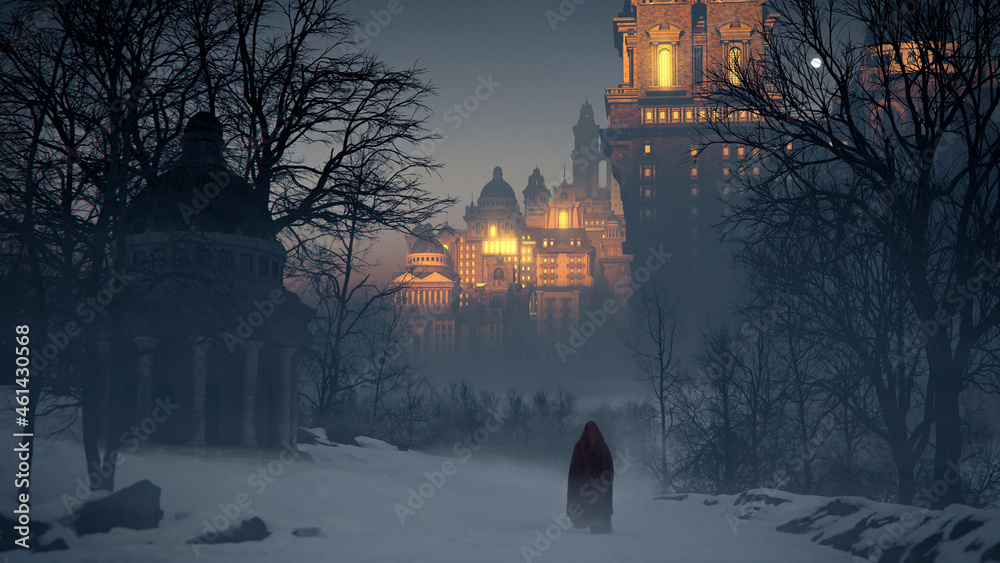 Monk walking in a snowy forest in winter to reach an ancient cathedral ...
