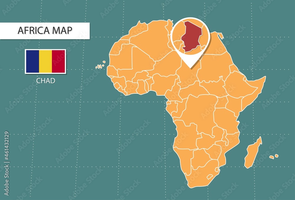 Chad map in Africa zoom version, icons showing Chad location and flags ...