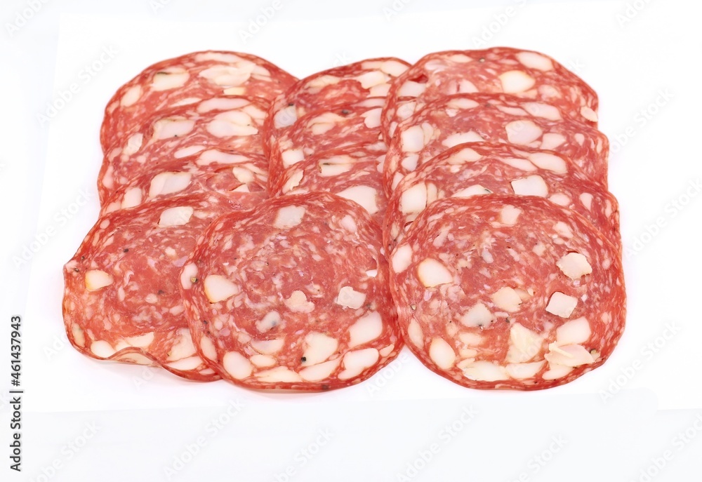 Foto de Slices of Salame Toscano on white background. It is a ...