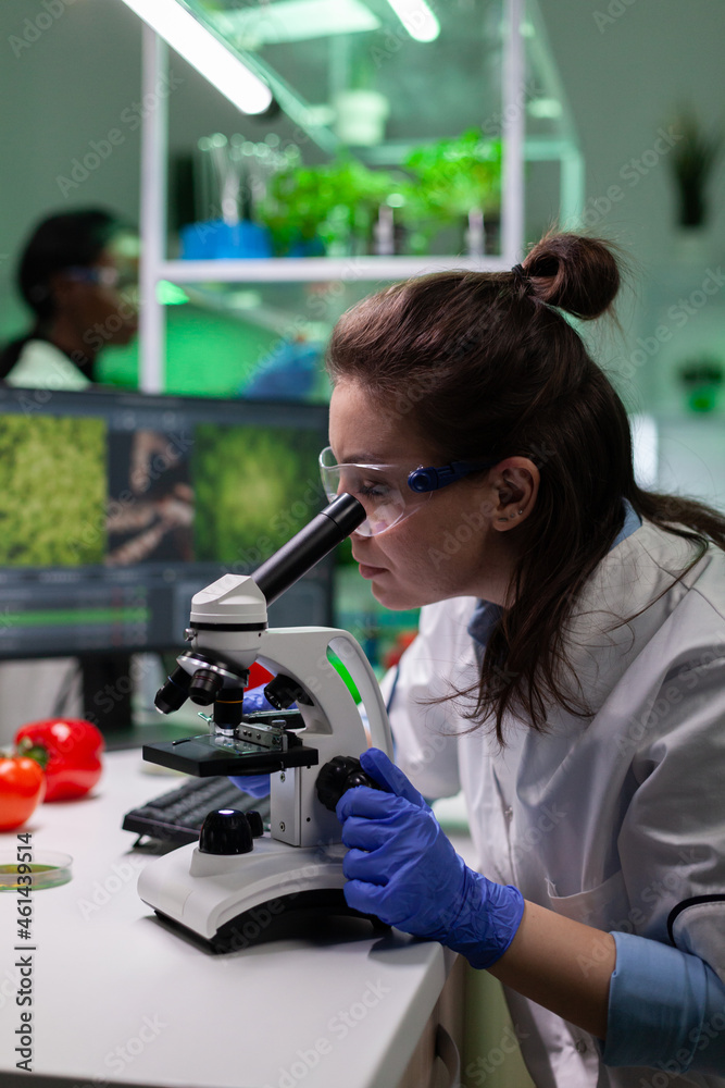 Biologist researcher doctor woman analyzing leaf sample using medical ...