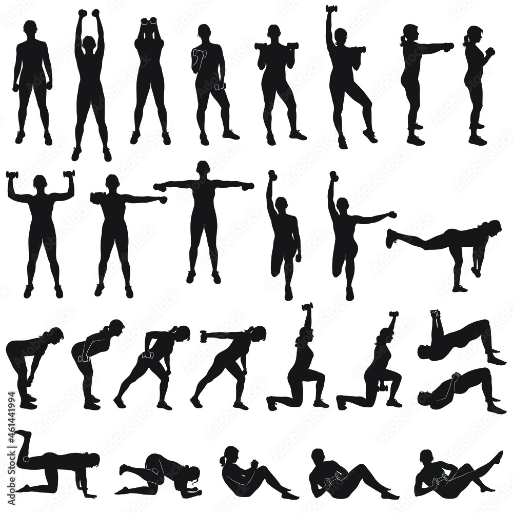 Big set of vector silhouette of sportive woman working out with ...