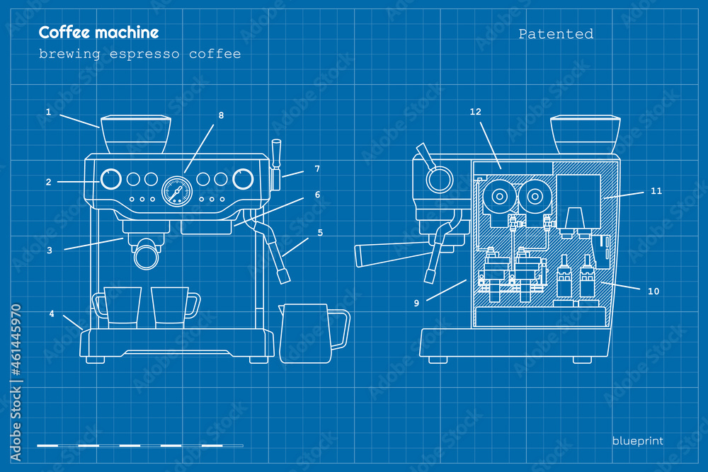 Espresso coffee machine blueprint. Outline drawing of coffeemaker ...