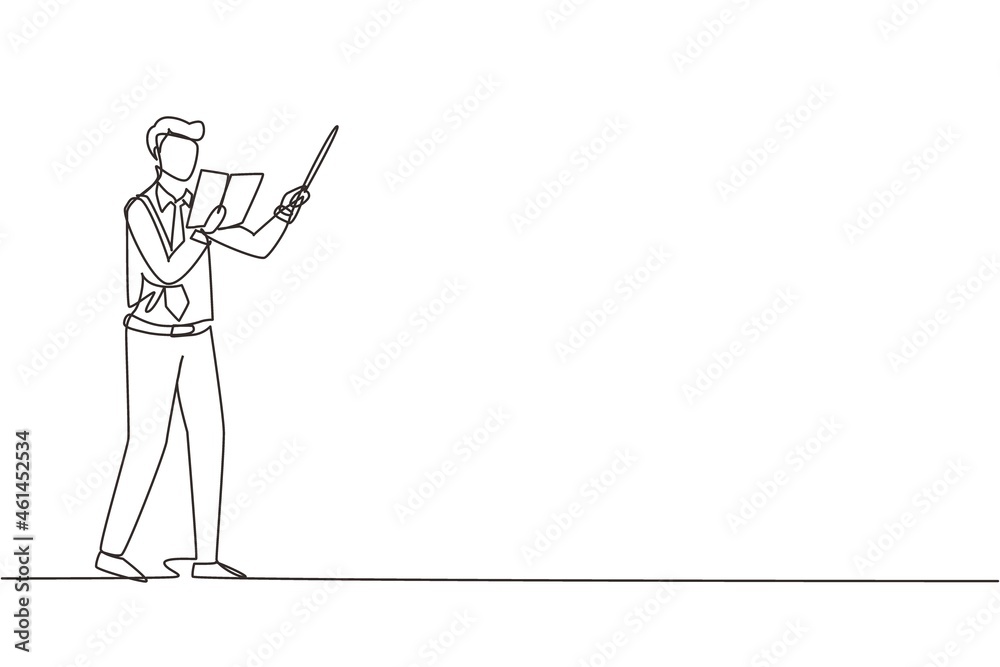 Single one line drawing man teacher standing with open book, pointer in ...
