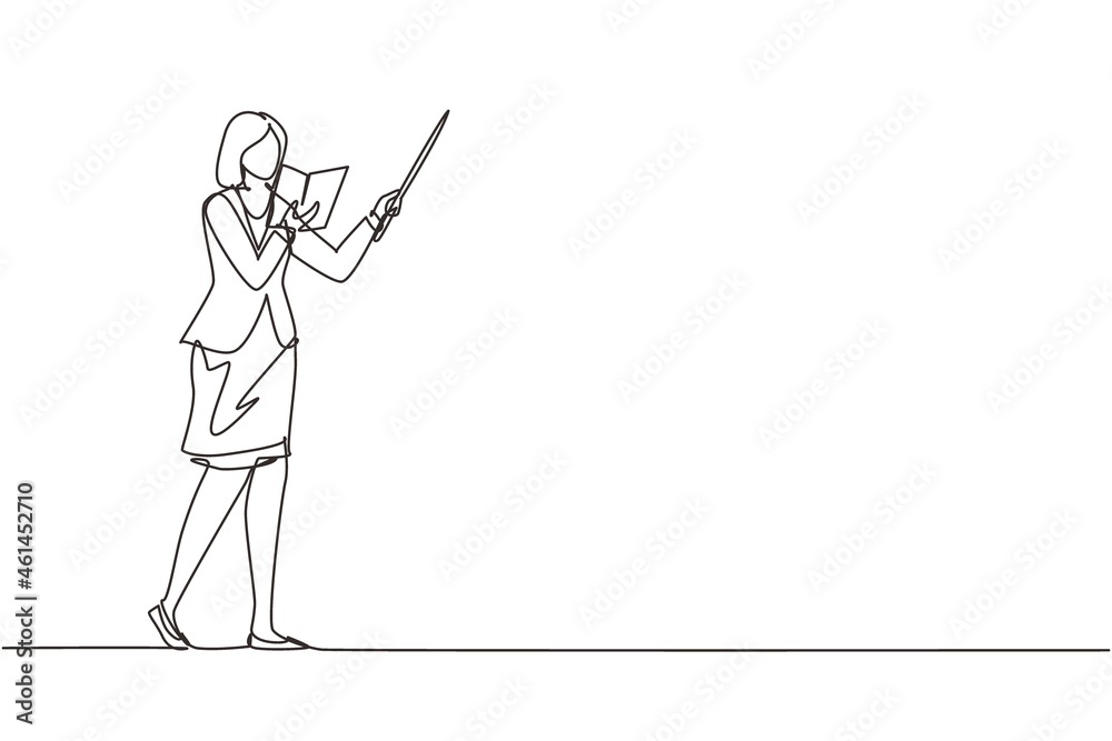 Single one line drawing woman teacher standing with open book, pointer ...