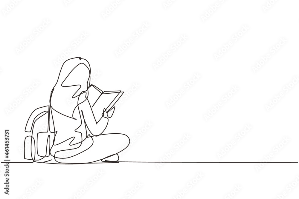 Single continuous line drawing education. Back view woman sitting on ...