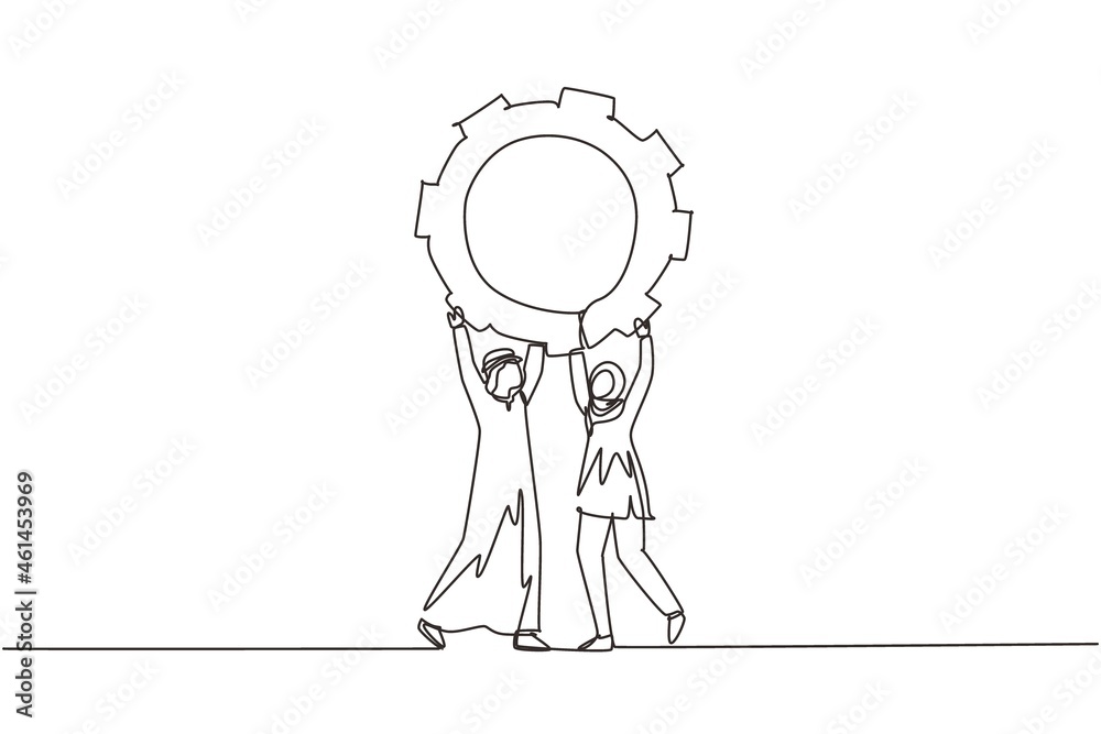 Single one line drawing collaboration. Arabian man woman lifting gears ...