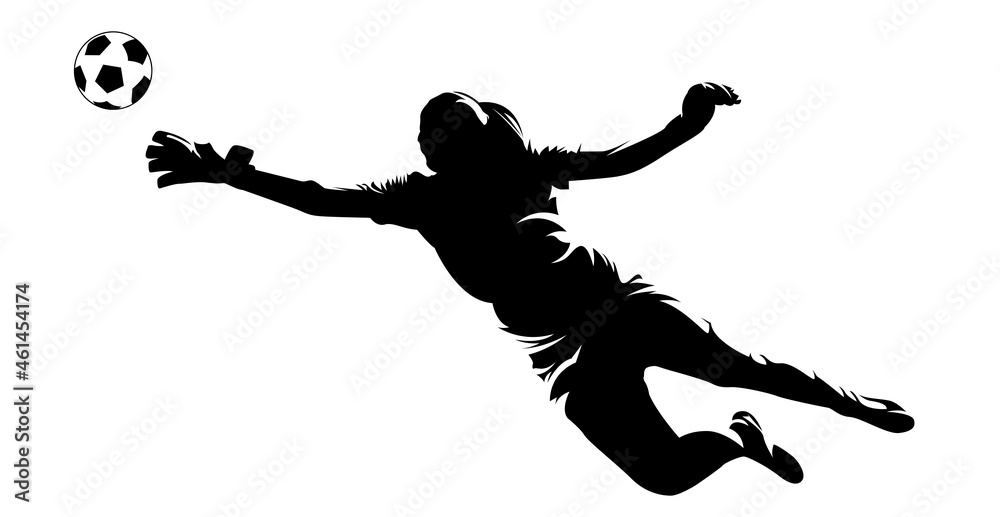 Silhouette of female goalkeeper jumping to save goal. Female goalie ...