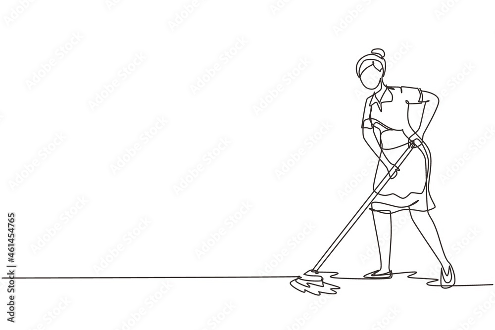 Single continuous line drawing woman mopping floor in uniform. Girl ...