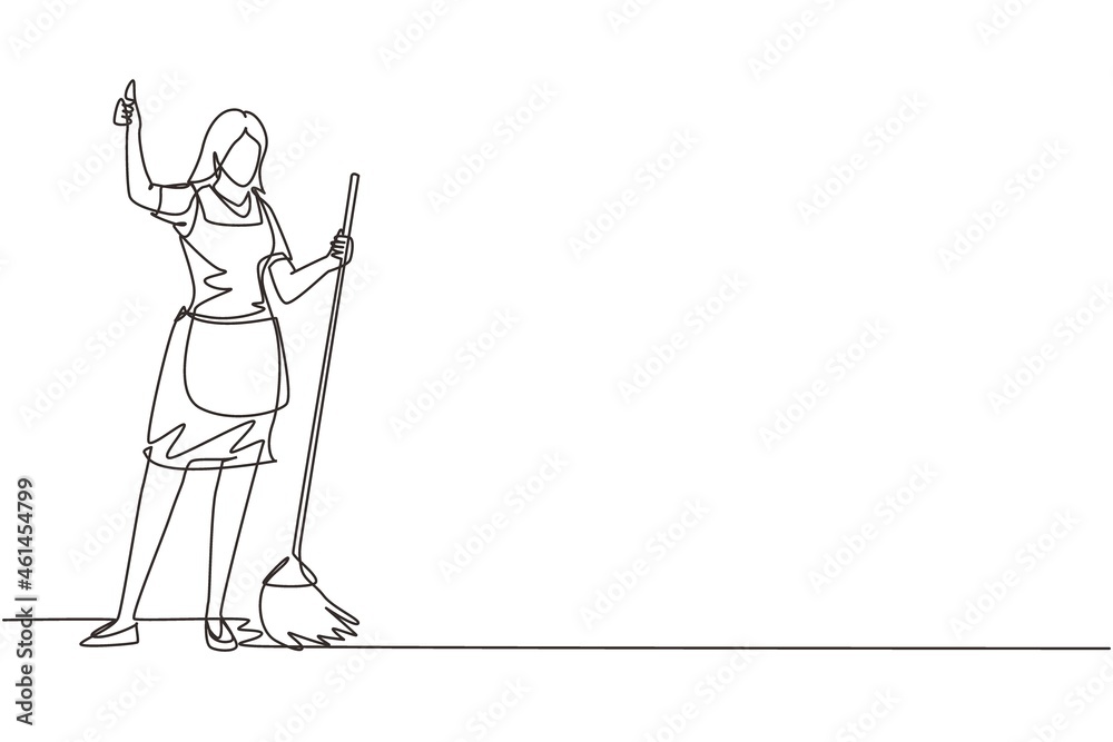 Single one line drawing smiling female cleaning company staff member ...