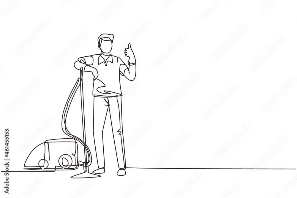 Single continuous line drawing worker of cleaning service. Man dressed ...