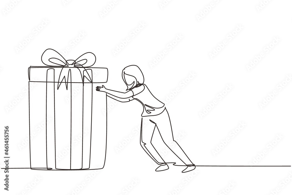 Single one line drawing young woman pushes in front of her huge gift ...