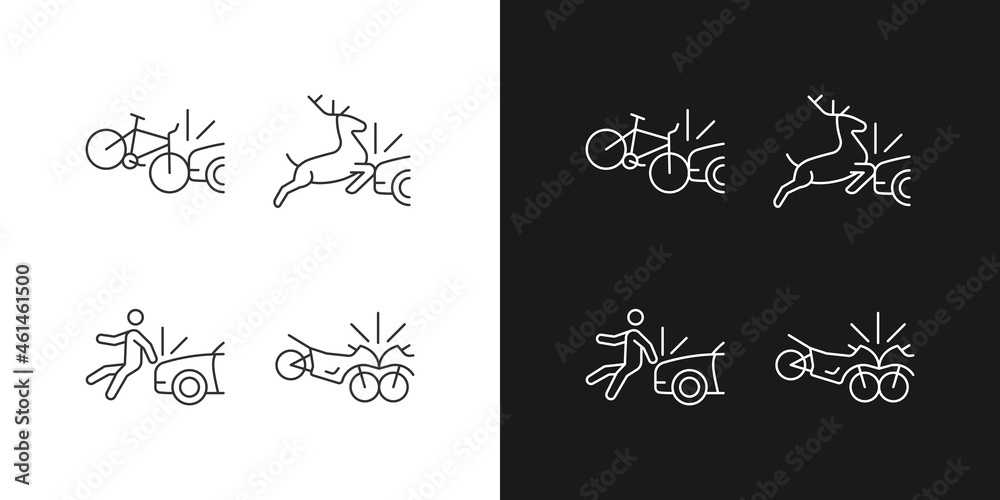 Traffic collision scenarios linear icons set for dark and light mode ...