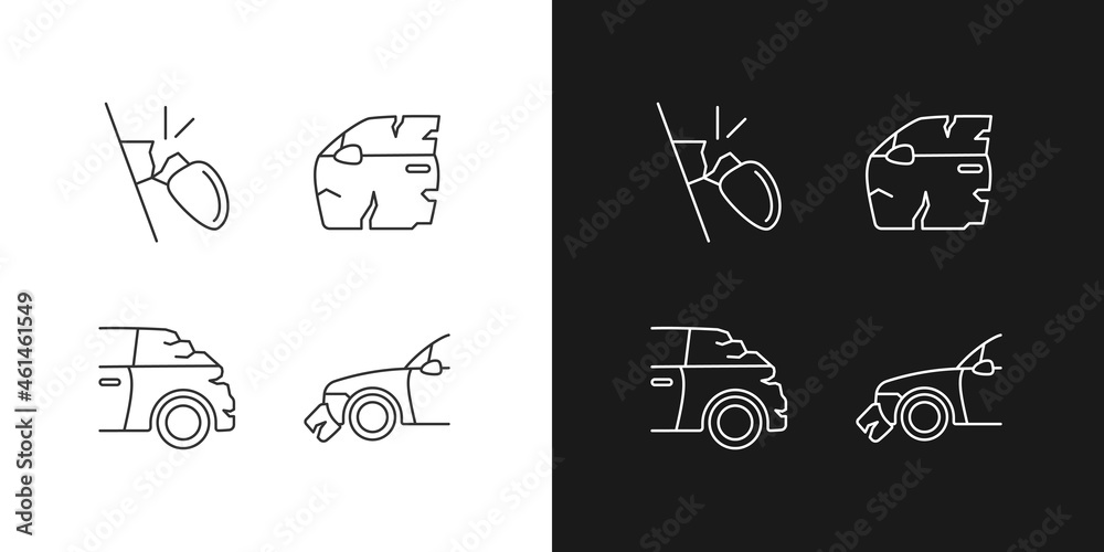 Auto body damage linear icons set for dark and light mode. Broken view ...