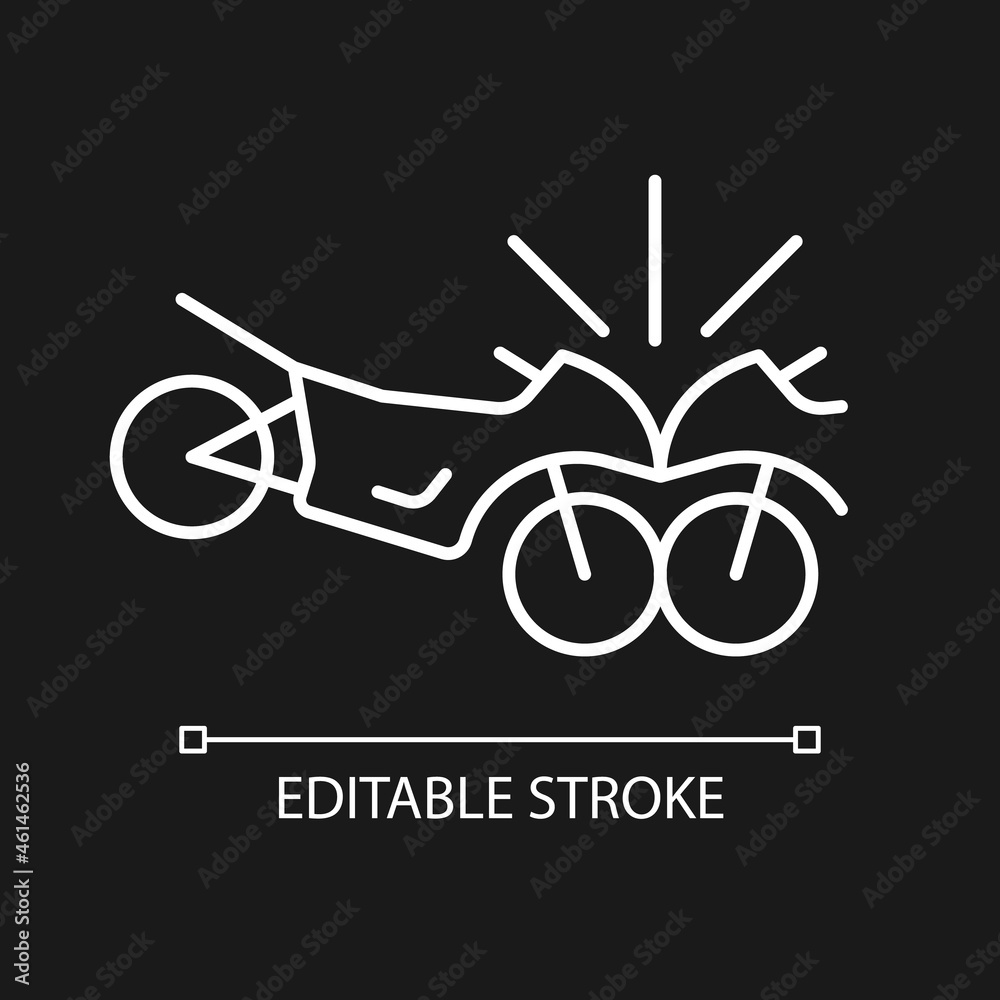 Motorcycles accident white linear icon for dark theme. Head-on ...