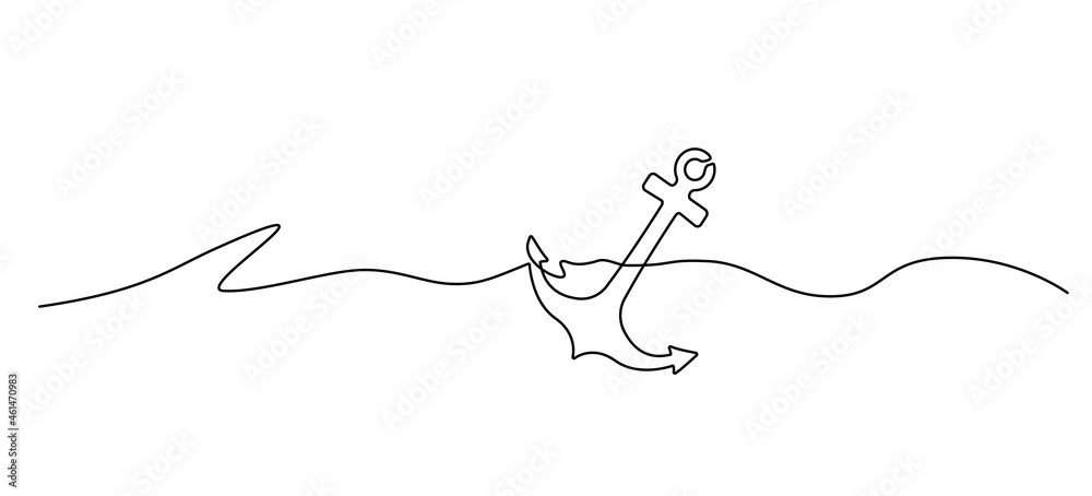 continuous single line anchor in sea, line art vector illustration ...