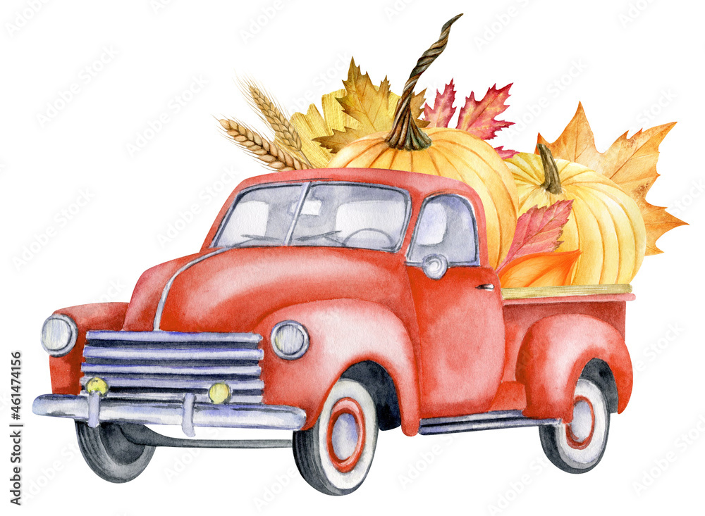 Autumn truck with pumpkins, leaves, fall decorations. Thanksgiving ...