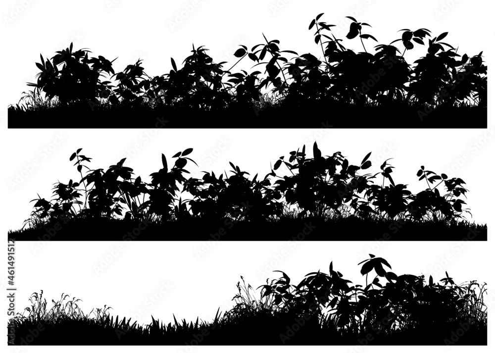 Isolated vector silhouettes of grass and bush covered ground. Stock ...
