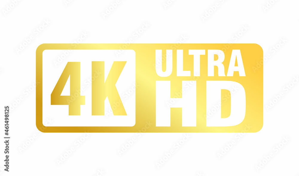 4K Ultra HD icon on white backdrop. High definition label. Gold UHD ...
