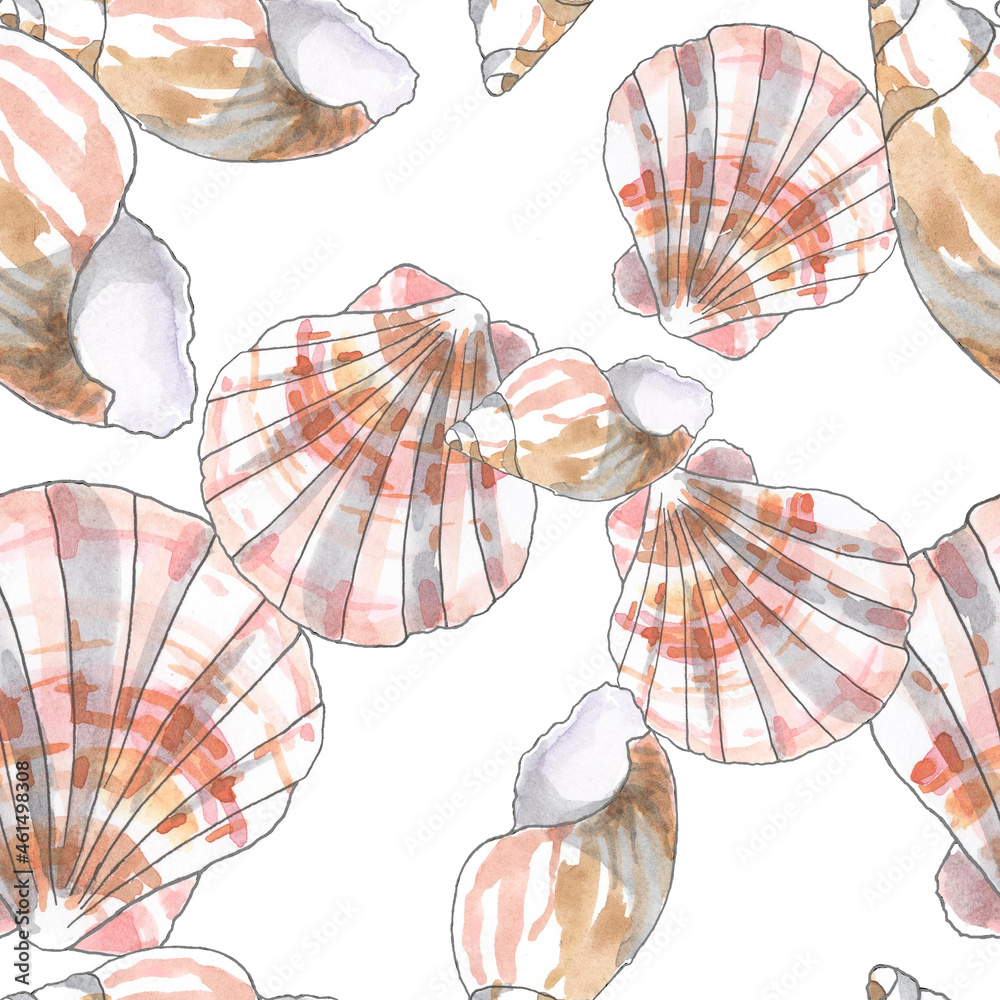 Sea shells watercolor on white background seamless pattern for all ...