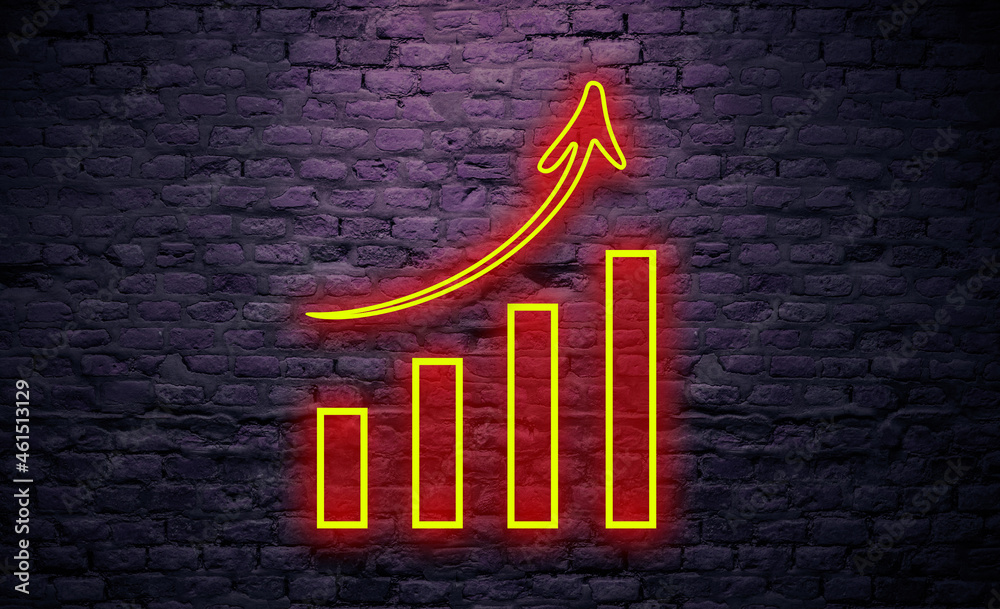 Increasing Neon Graph Sign With Arrow Up on Brick Wall background. Neon ...