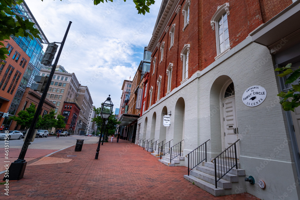 Washington DC—May 15, 2021; empty brick sidewalk outside the entrance ...