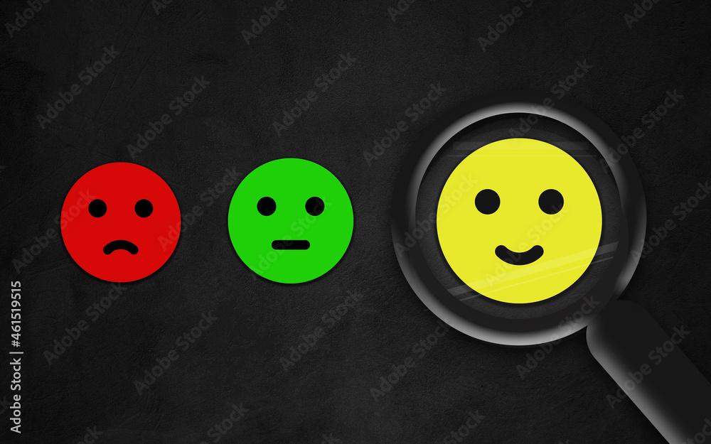 Happy Emoticon Magnifying glass concept . 3 emojis with one smiley ...