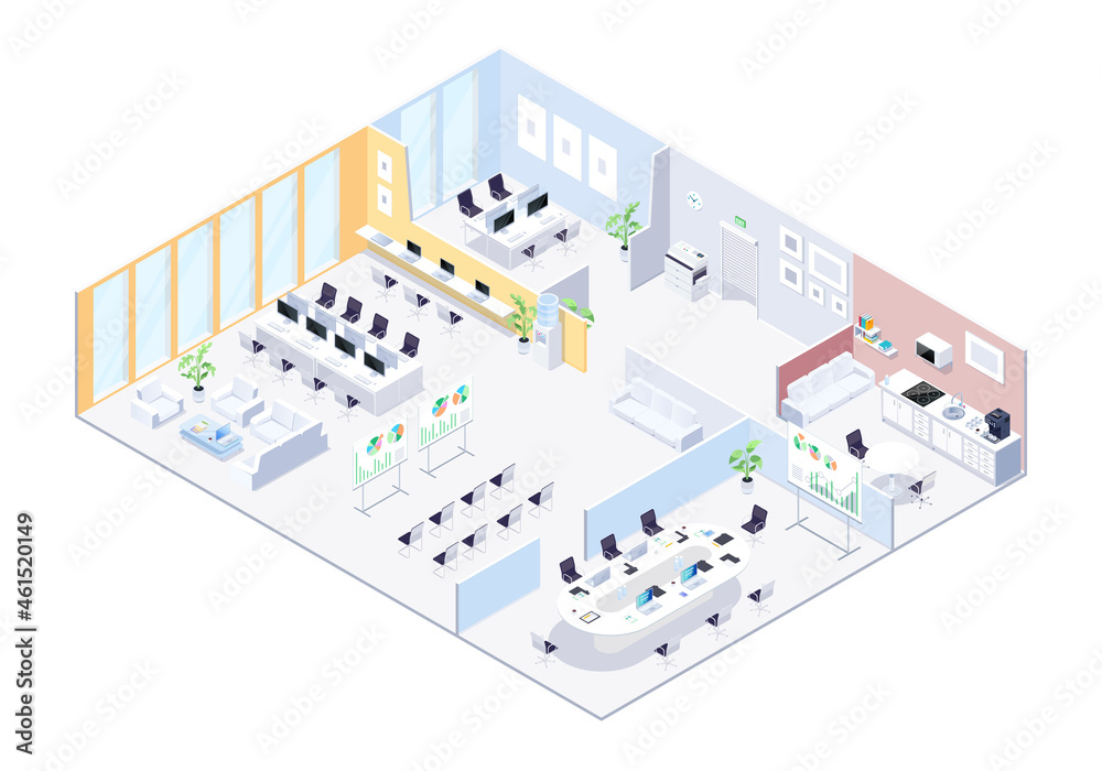 Coworking center isometric concept. 3d interior of a coworking hall ...