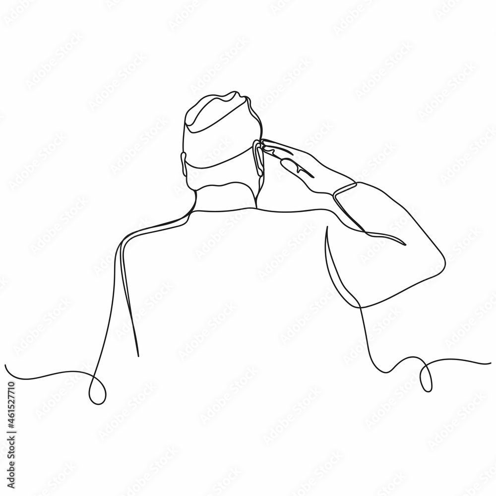 Continuous one line drawing of soldier and veteran saluting at memorial ...