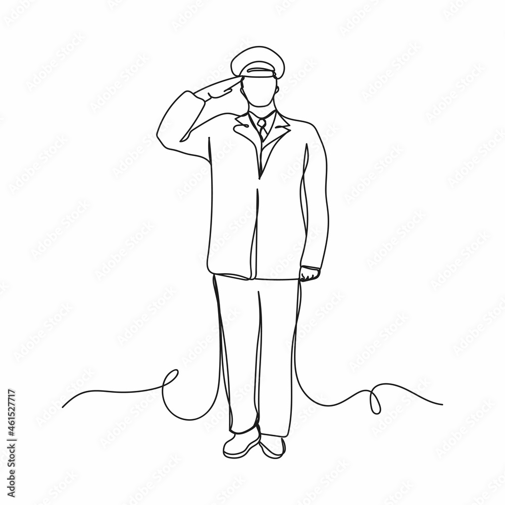 Continuous one line drawing of soldier and veteran saluting at memorial ...