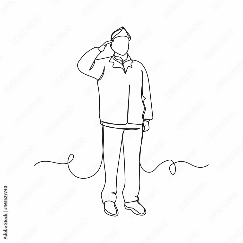 Continuous one line drawing of soldier and veteran saluting at memorial ...